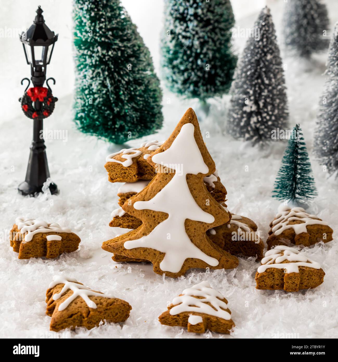 Holiday decorated gingerbread cookie trees amongst trees and snow Stock ...