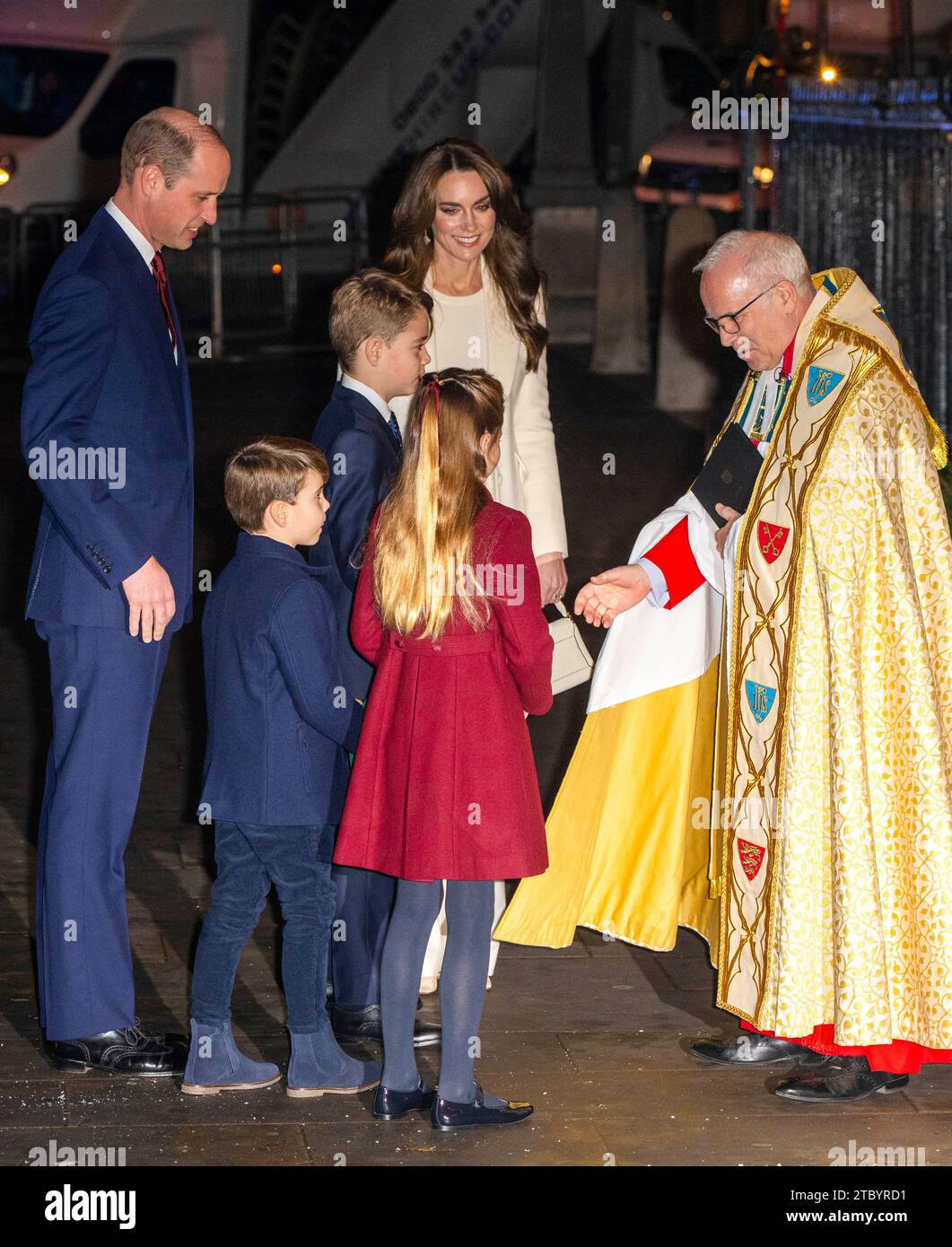 London, England. UK. 08 December 2023. Prince Louis of Wales, Prince George of Wales, Princess ...