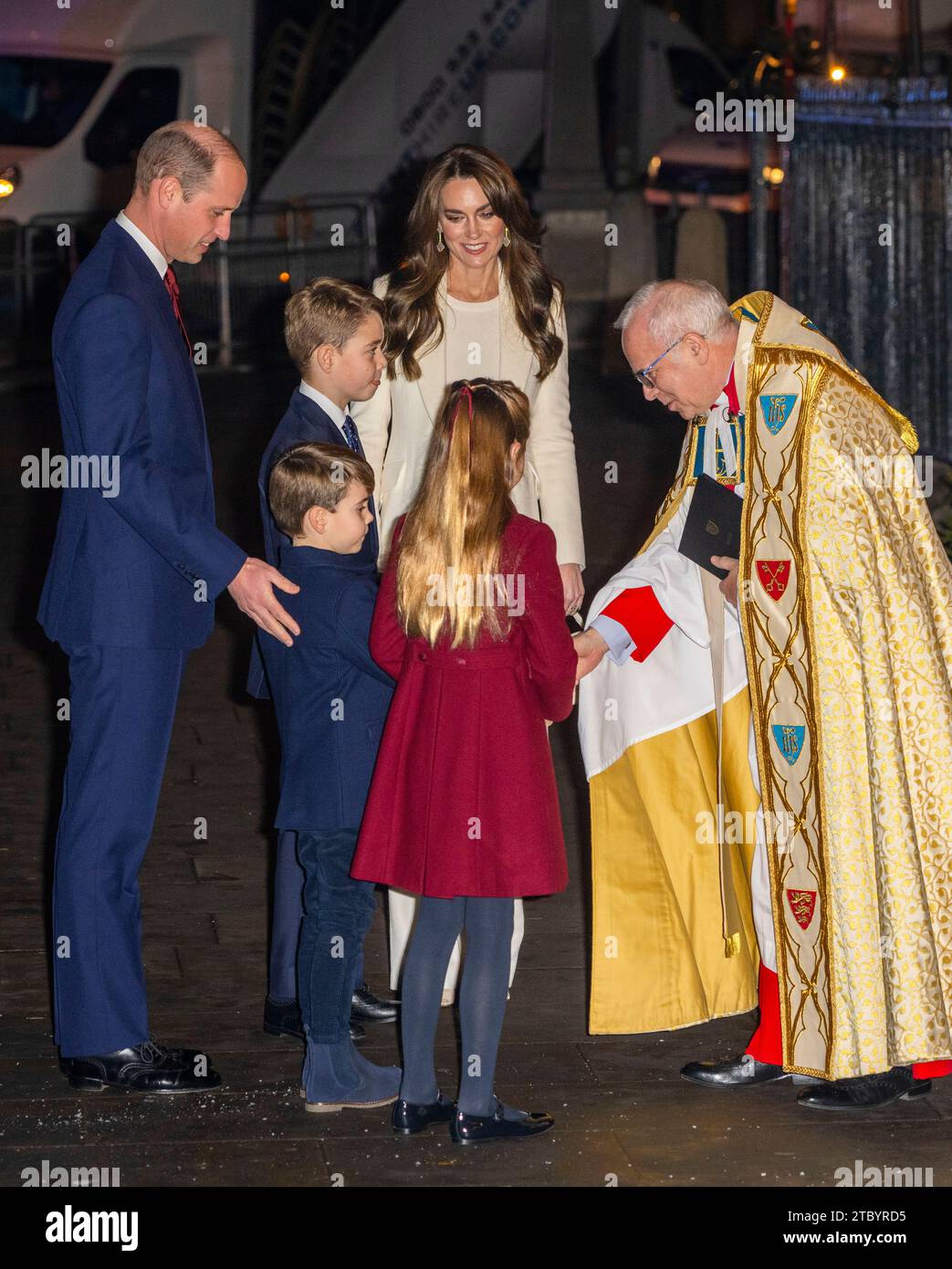 London, England. UK. 08 December 2023. Prince Louis of Wales, Prince George of Wales, Princess ...