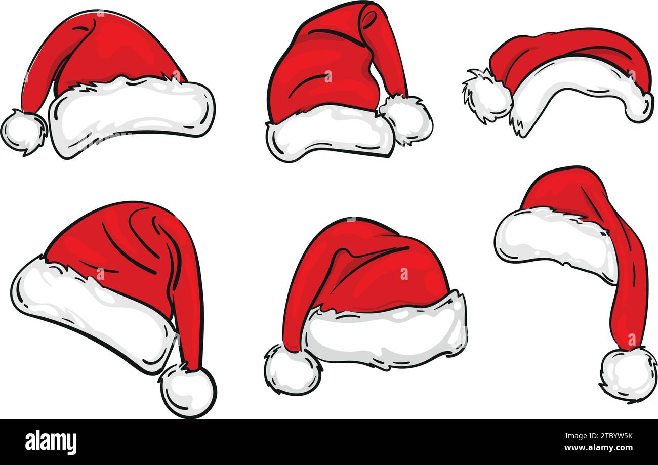 Santa red hats with white fur and ink sketch set. Isolated Christmas ...
