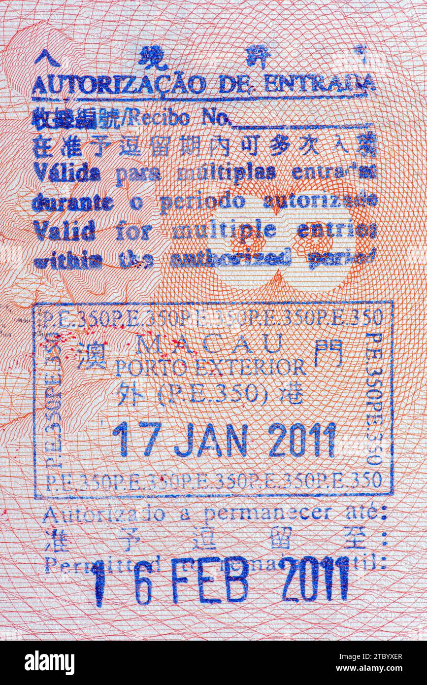 Border stamp in the passport when crossing the state border Macau Stock ...