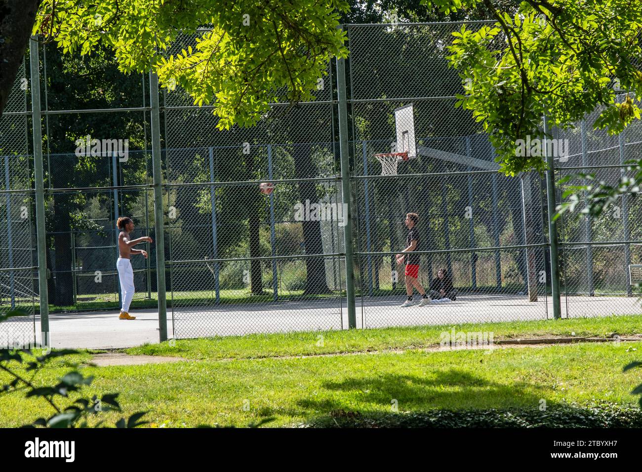 Basket wired field in a public park | Terrain de basket grillagé dans un parc Stock Photo - Alamy