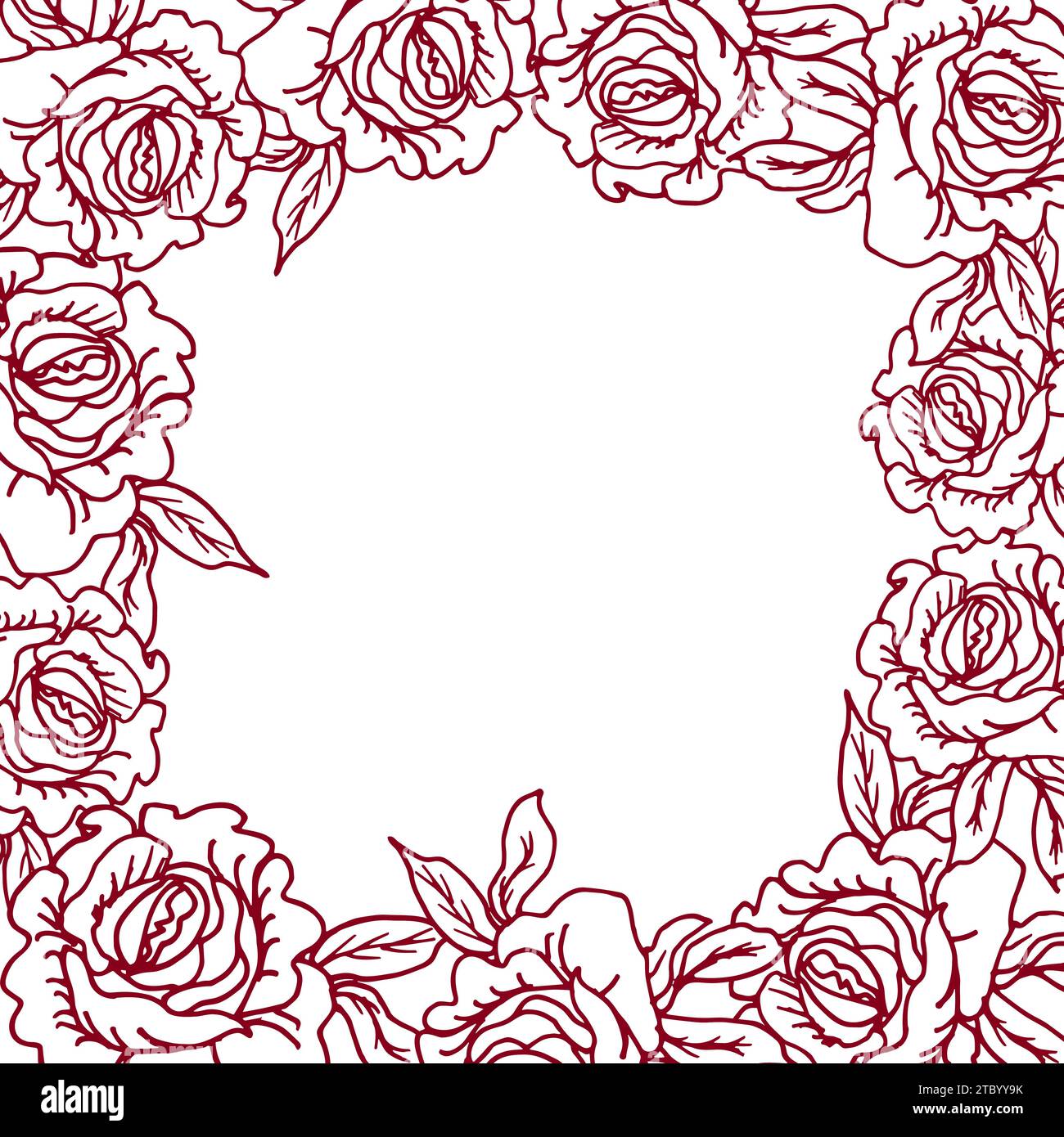Delicate rose flower, line art hand drawn frame for surface design of ...
