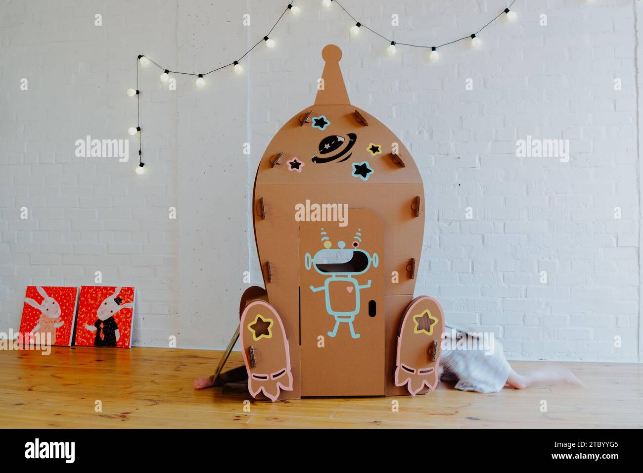 Rocket made of cardboard. Children art project. DIY concept. Cardboard ...