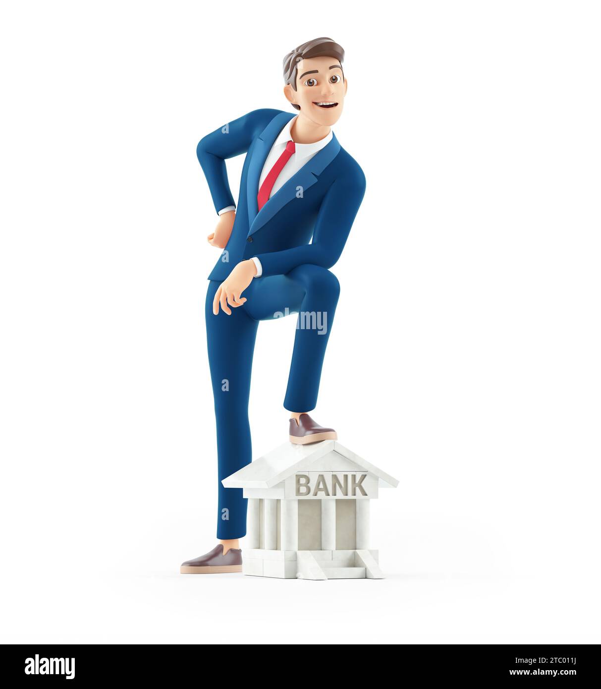 3d cartoon businessman foot on bank building icon Stock Photo - Alamy