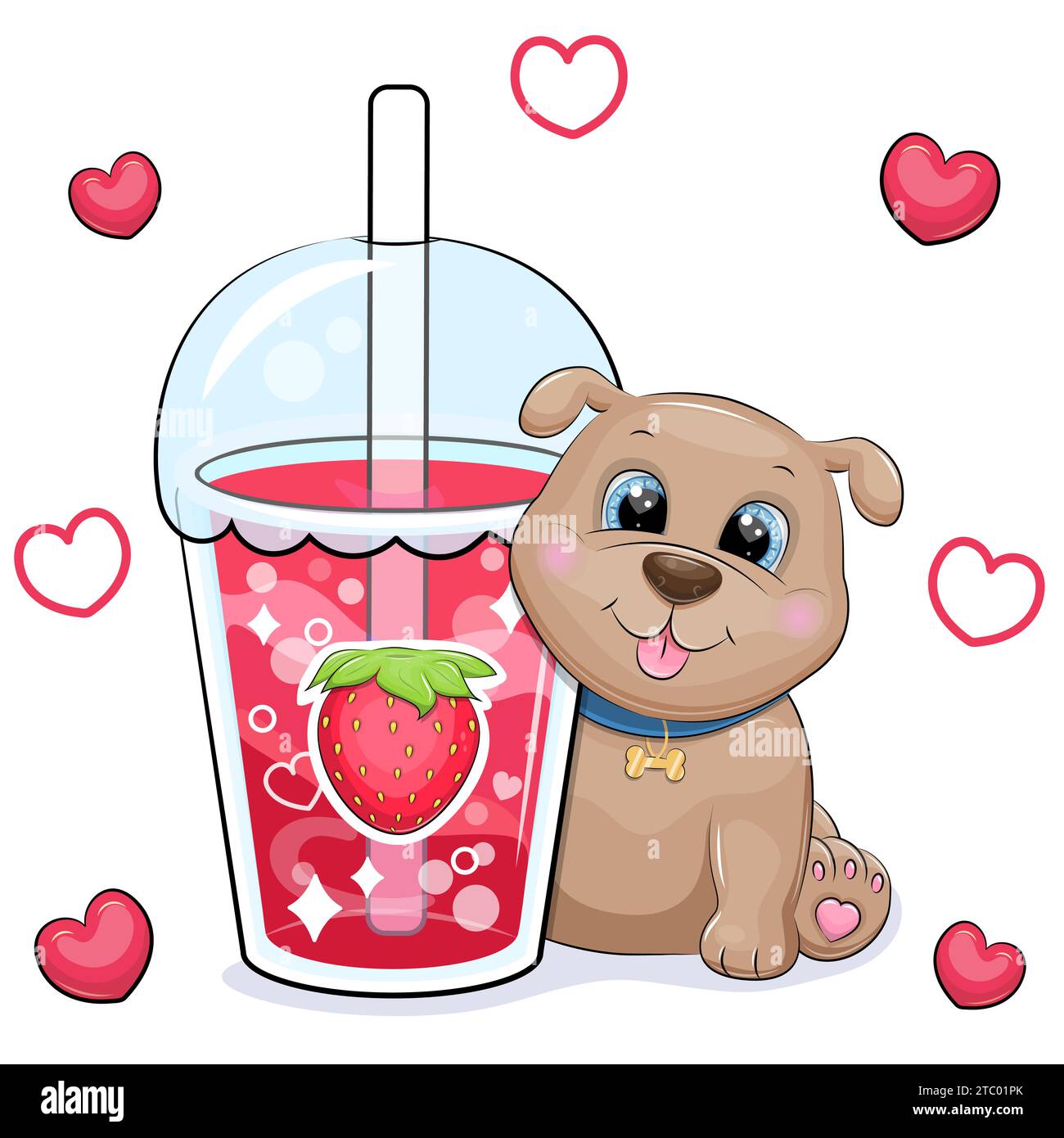 Cute cartoon dog with a big strawberry drink. Vector illustration of ...