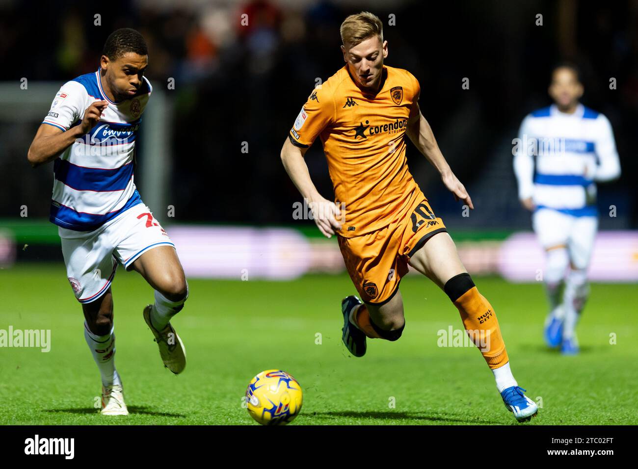 Liam Delap #20 of Hull City and Reggie Cannon #20 of Queens Park ...