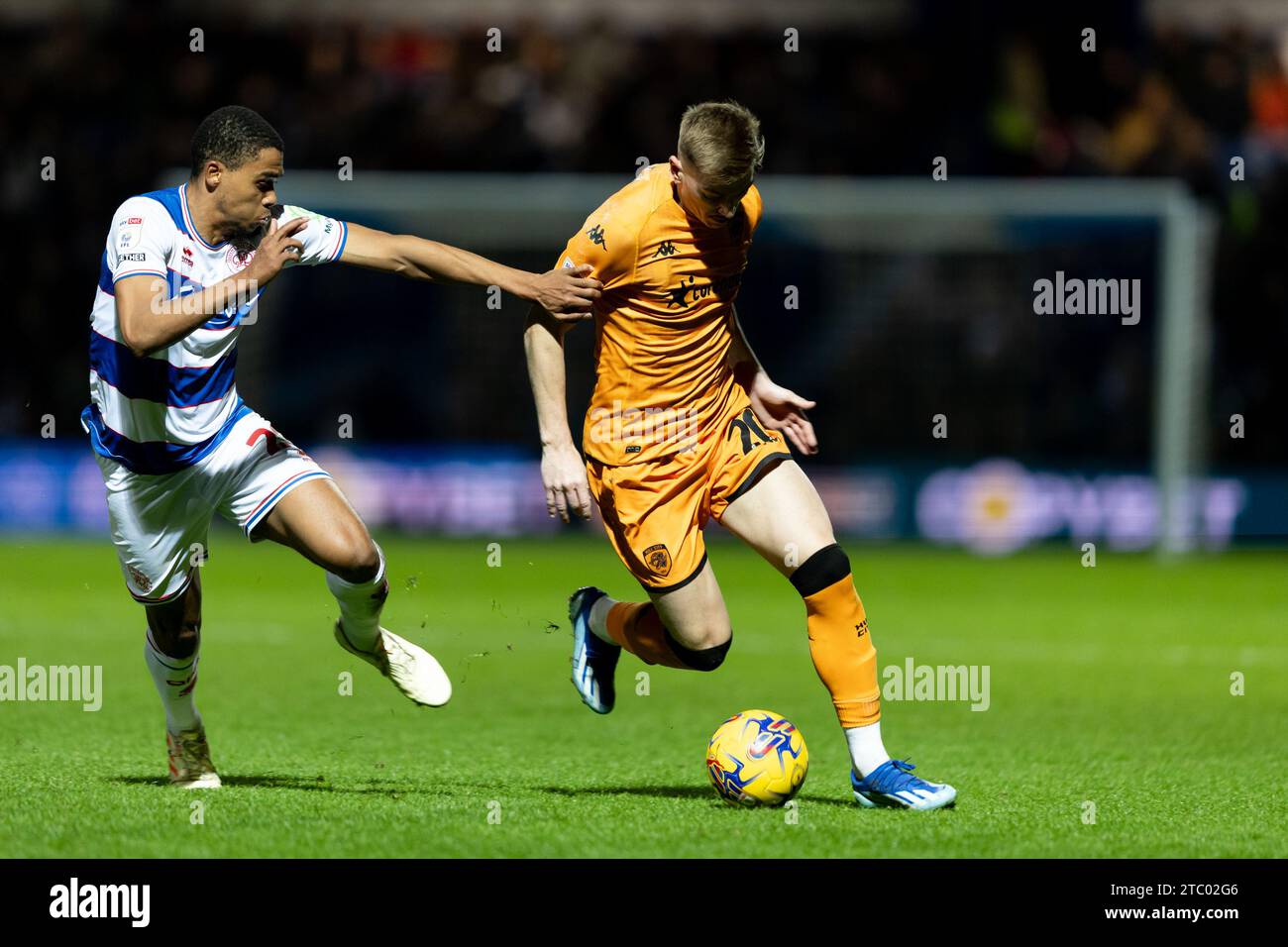 Liam Delap #20 of Hull City and Reggie Cannon #20 of Queens Park ...