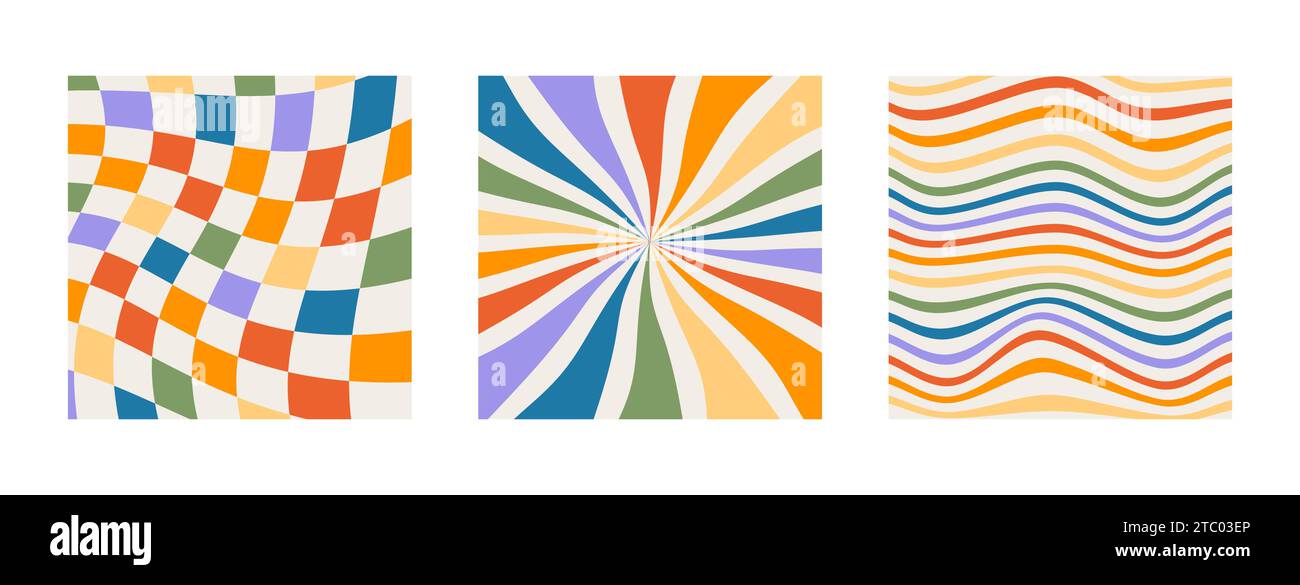 Set of twisted gingham checkerboard, sun rays and waves background in ...