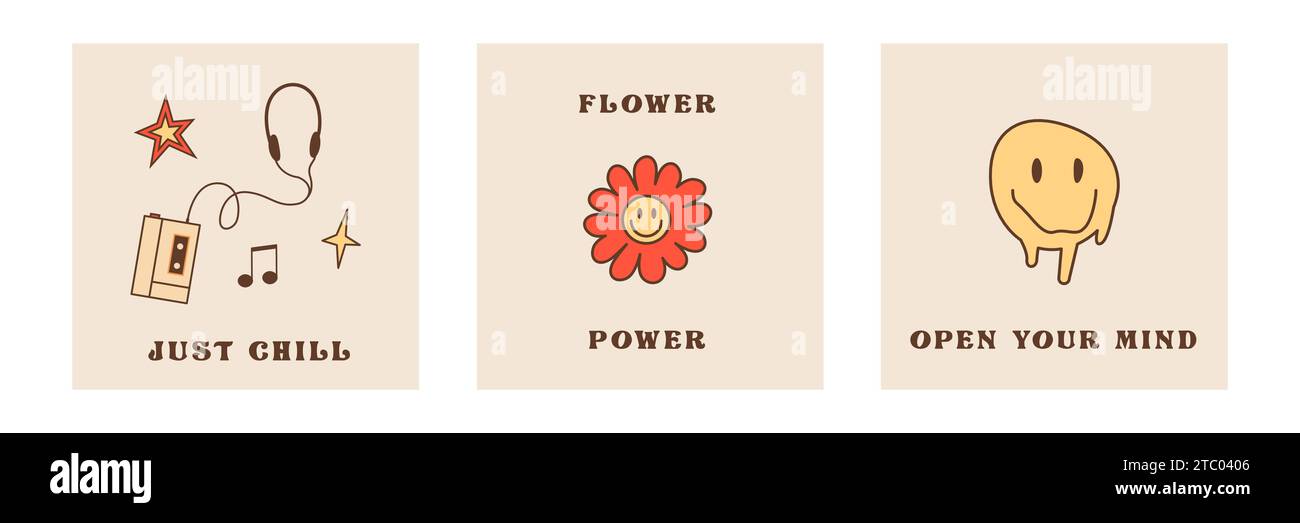 Set of retro square posters with phrases in 80 60s 70ss style. Hippie ...
