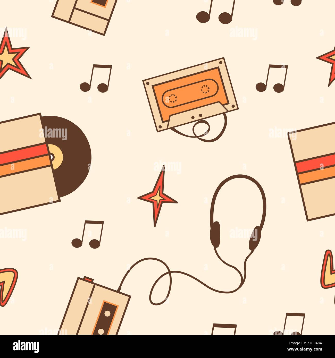 Retro seamless pattern with retro analog vinyl record, roller skate ...