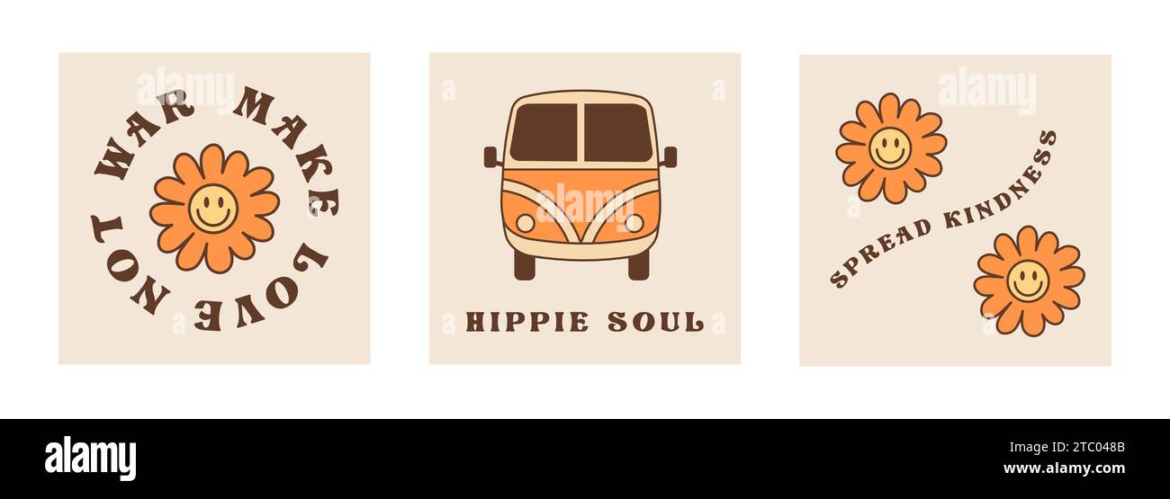 Set of square cards with motivational and inspirational quotes in 60s ...