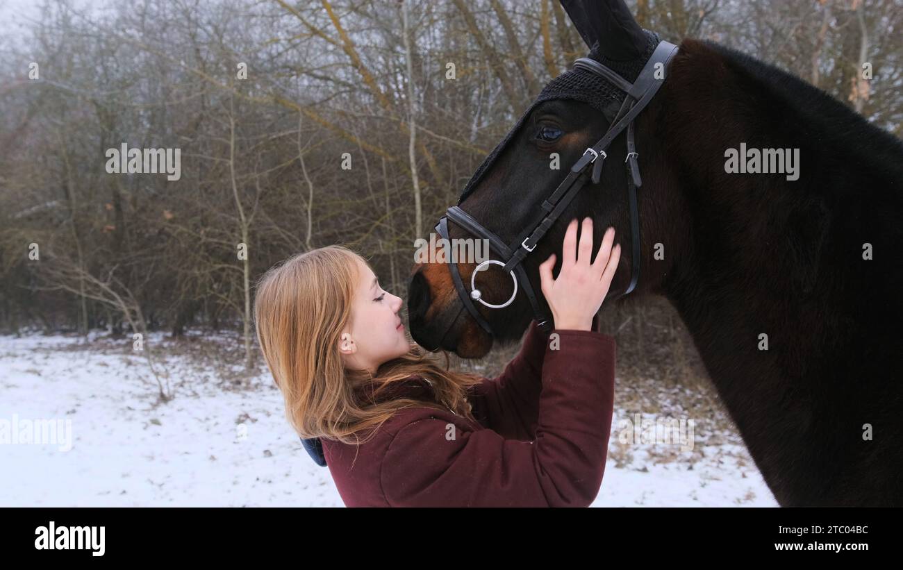 A young beautiful girl hugs a horse in nature in the fog Stock Photo ...