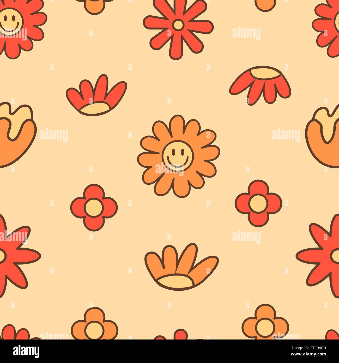 70s inspired floral seamless pattern. Various spring and summer flowers ...