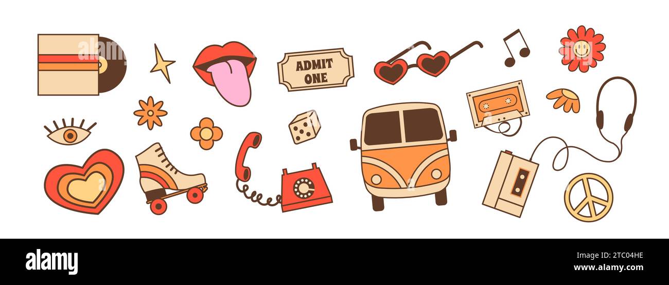 Retro set of stickers with 70s 80s style elements. Old fashioned roller ...