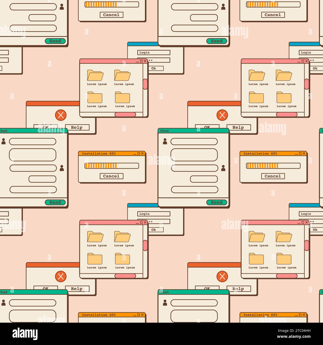 Old computer aesthetic seamless pattern. Retro screen panel with user interface elements ...