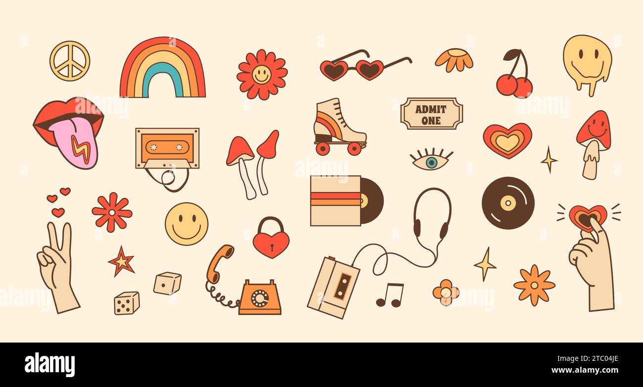 Retro set of stickers with 70s 80s style elements. Cartoon daisy flower ...