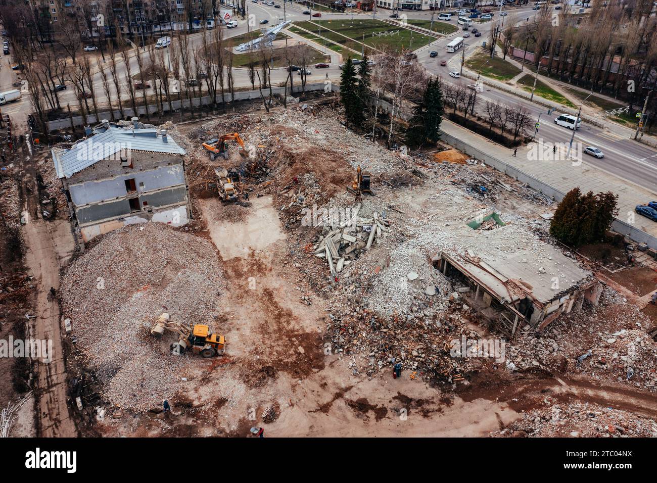 Aerial view of demolition site. Process of demolition of old industrial ...