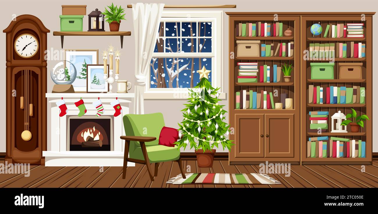 Christmas living room interior with a fireplace, a Christmas tree, an ...