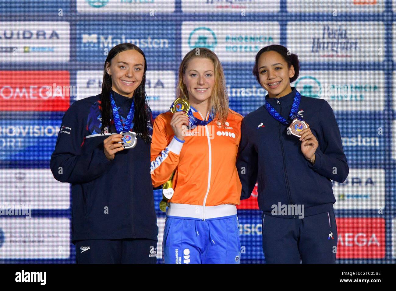 Gold medal winner, Kira Toussaint of the Netherlands, center, poses ...