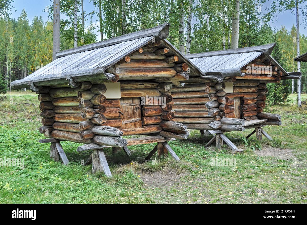 Two old wooden barns in the Russian national style. Arkhangelsk. Russia ...