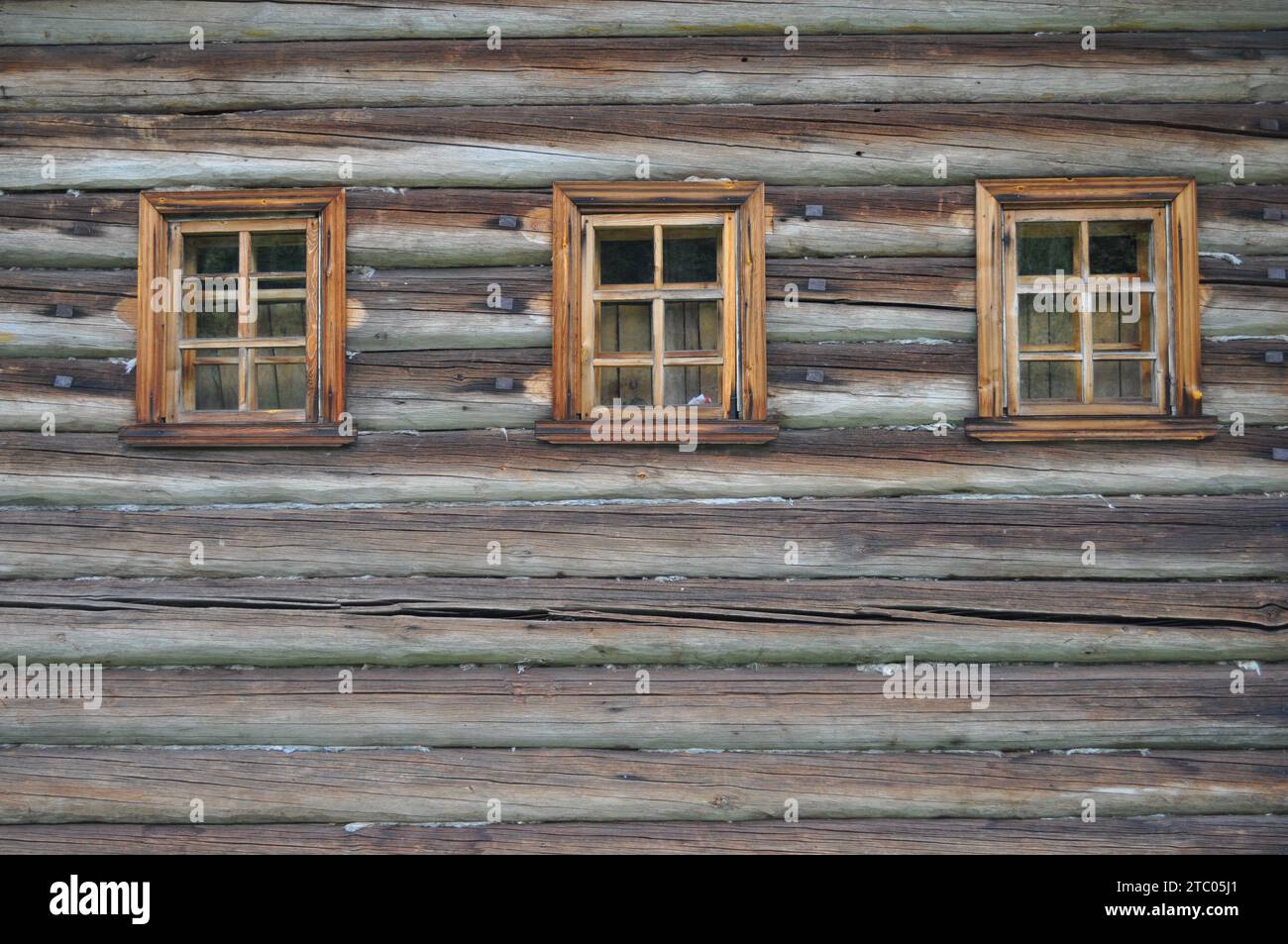 Three vintage wooden windows in russian national style Stock Photo - Alamy