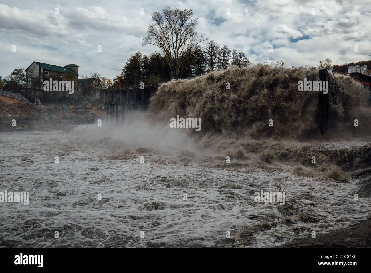 Spillway in Maykop dam, dirty water in river Stock Photo - Alamy