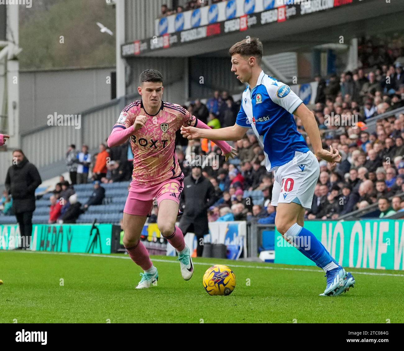 Harry Leonard #20 of Blackburn Rovers under pressure from Sam Byram #25 ...