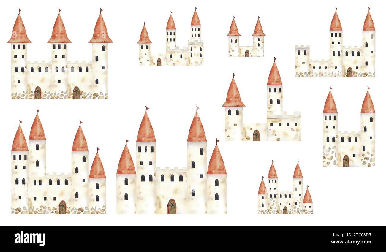 Set of medieval childish castle watercolor hand drawn illustration ...