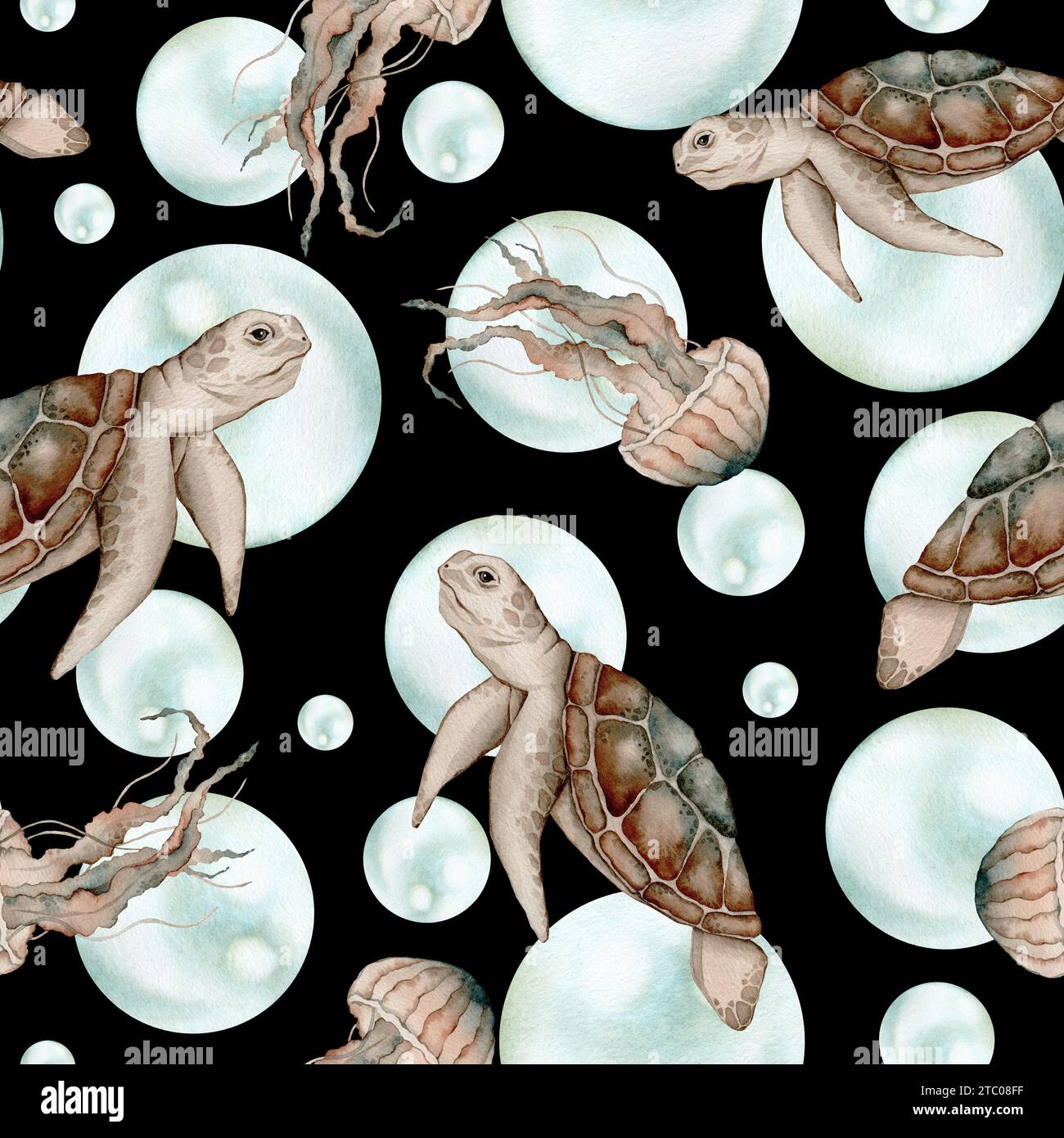 Seamless pattern with watercolor medusa and turtle. Hand painted ...