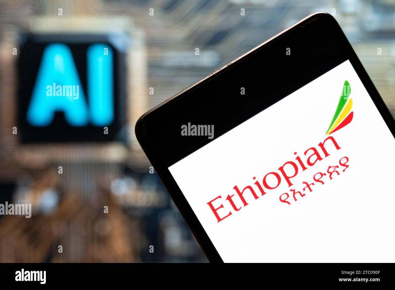 In this photo illustration, the national airline of Ethiopia, Ethiopian Airlines, logo seen ...