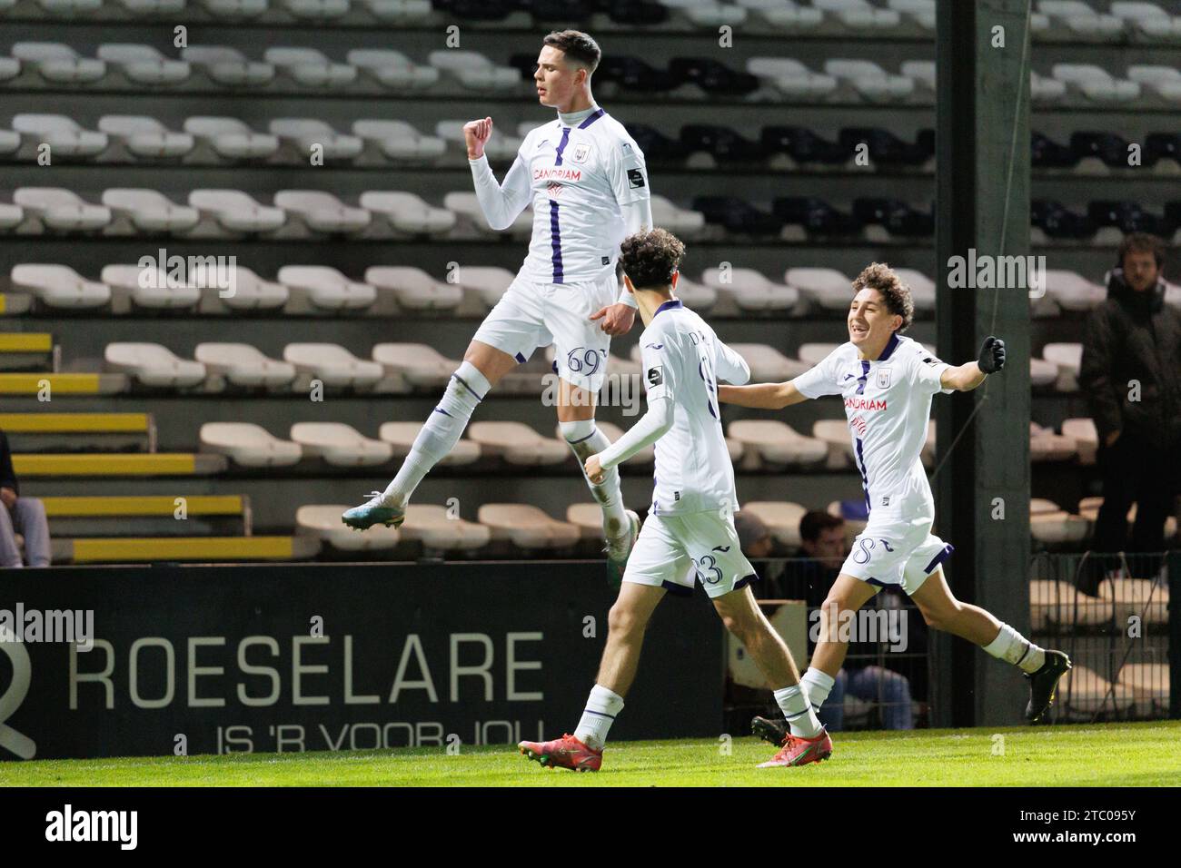 Roeselare, Belgium. 09th Dec, 2023. RSCA Futures' Robbie Ure celebrates ...