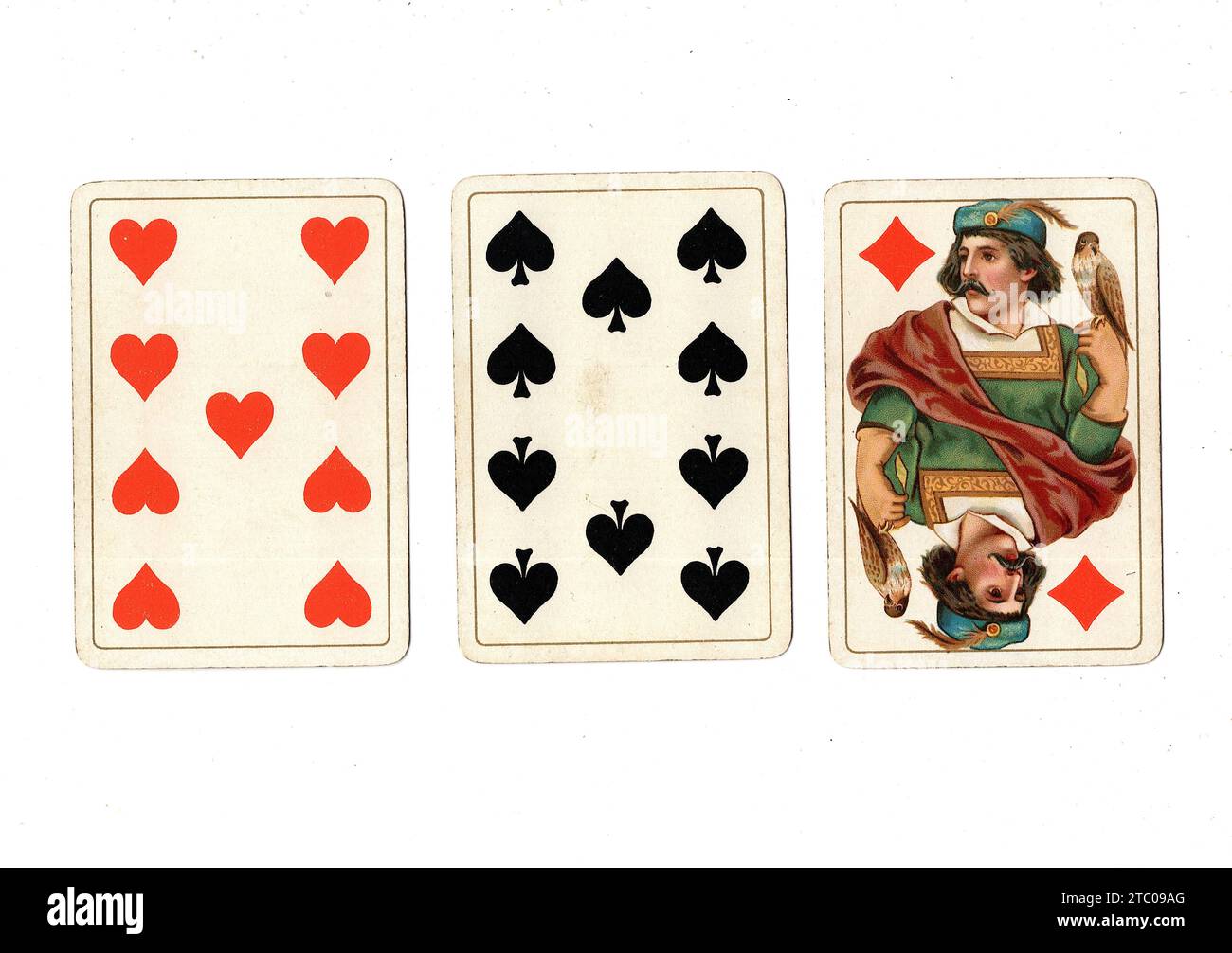 Vintage playing cards showing a run of nine, ten and jack in mixed ...