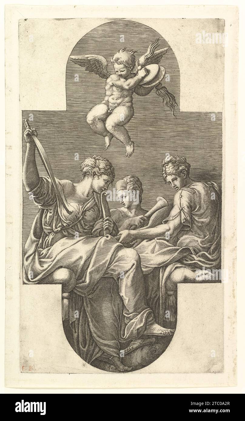 Three Muses and a Putto with Cymbals, a cruciform composition, from a ...