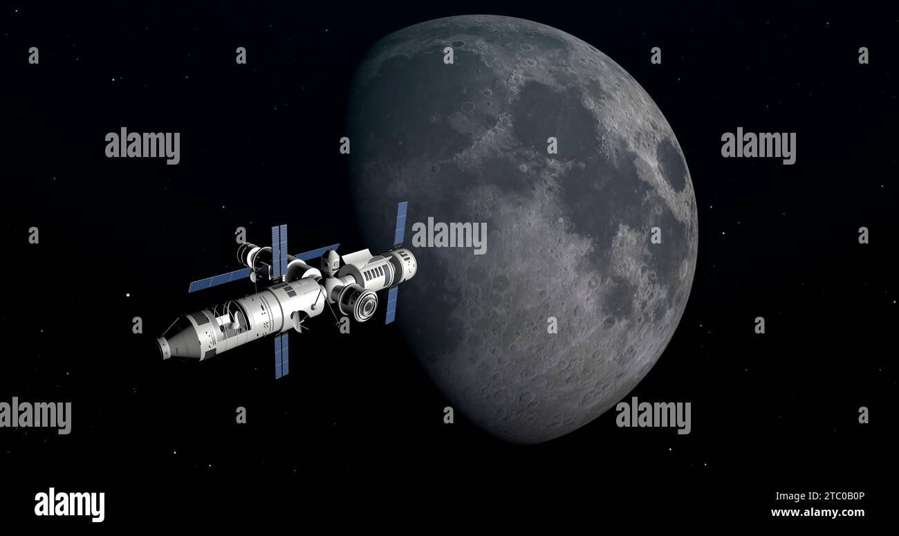 Spaceship arriving at Moon, space mission to the Earth satellite. 3d ...