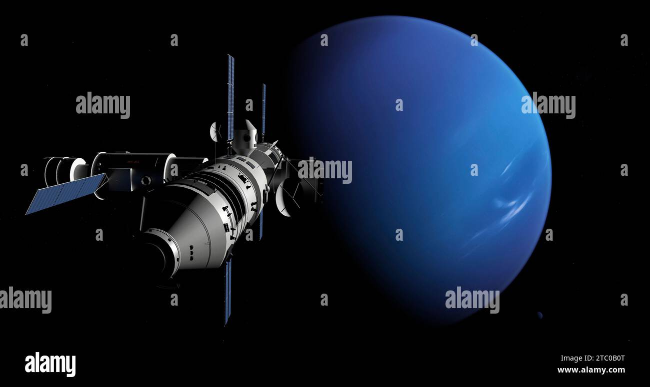 Spaceship arriving at Neptune, space mission to the unknown planet. 3d ...