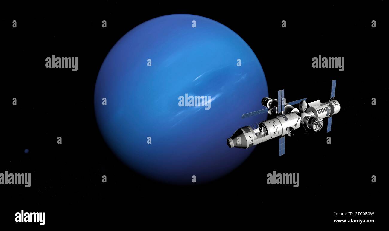 Spaceship arriving at Neptune, space mission to the unknown planet. 3d ...