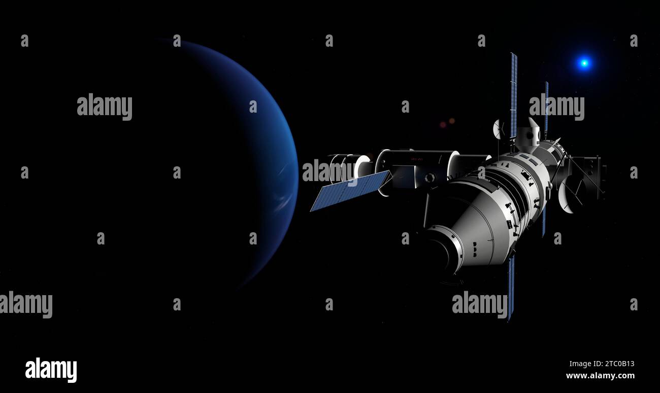 Spaceship arriving at Neptune, space mission to the unknown planet. 3d ...