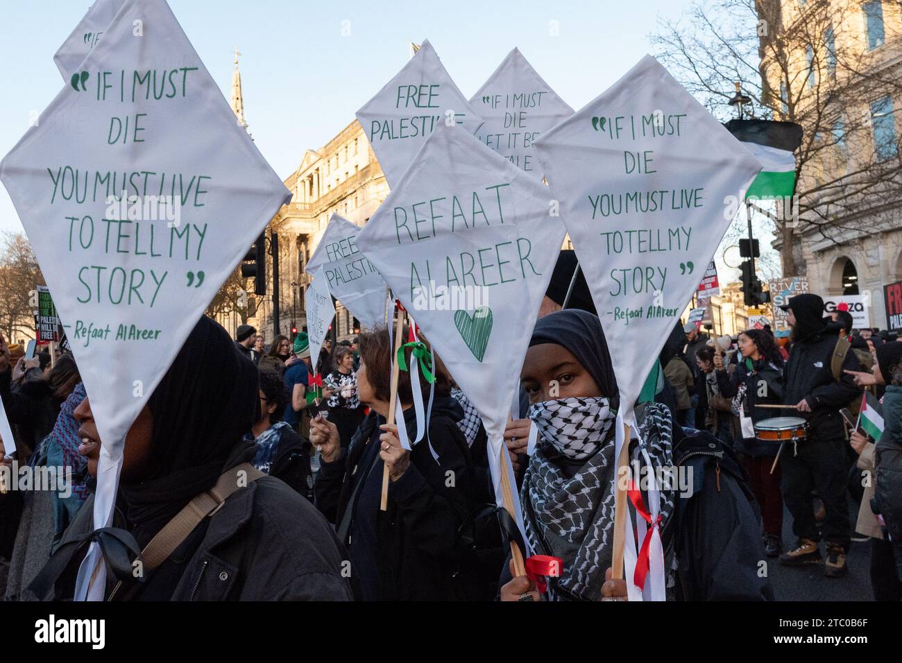 London, UK. 9 December, 2023. Protesters hold tributes to popular ...