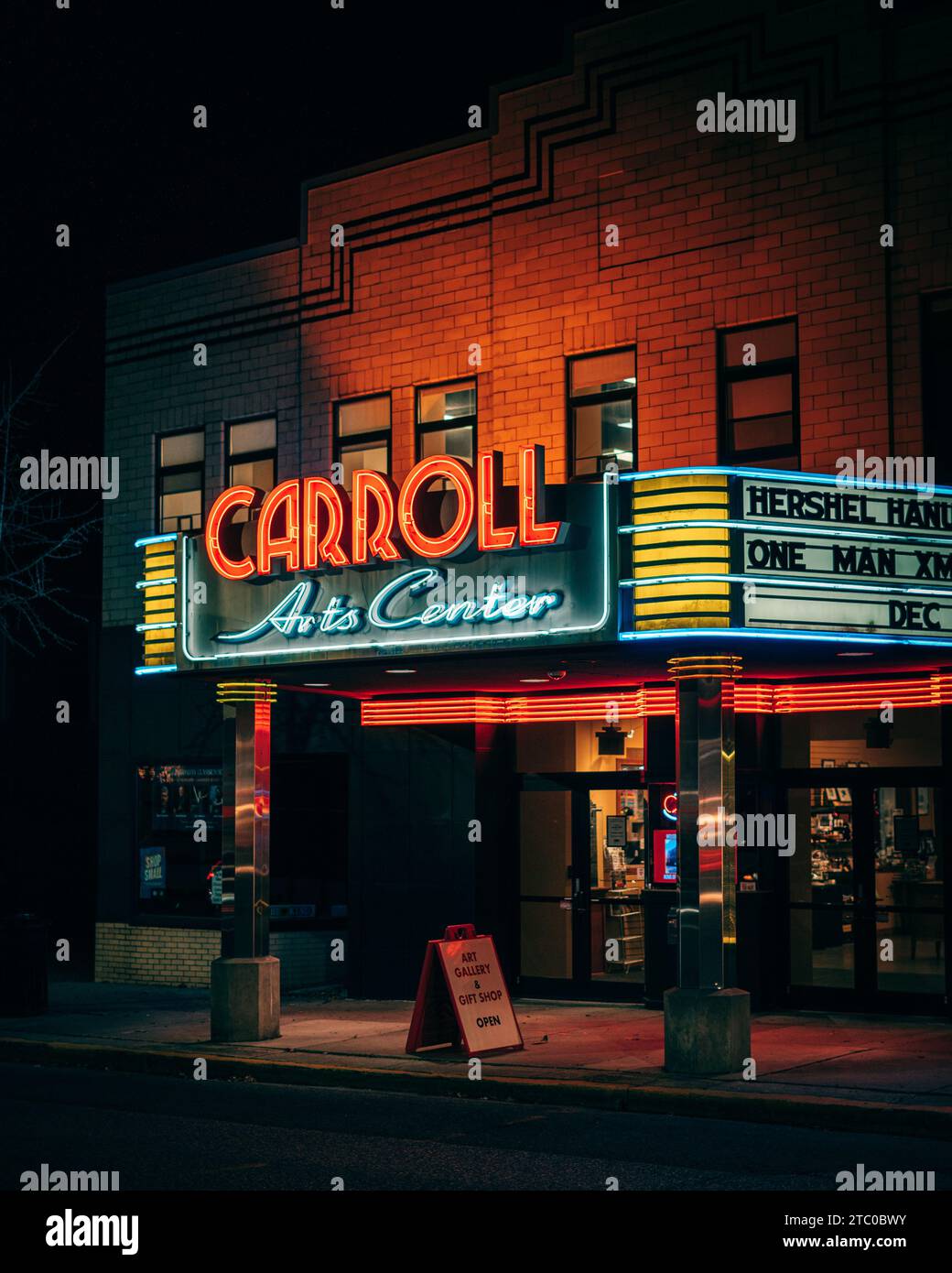 Carroll Arts Center vintage neon sign at night in Westminster, Maryland ...