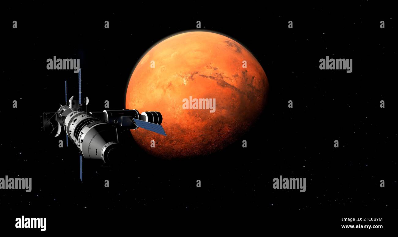 Spaceship arriving at planet Mars, space mission to the red planet. 3d ...