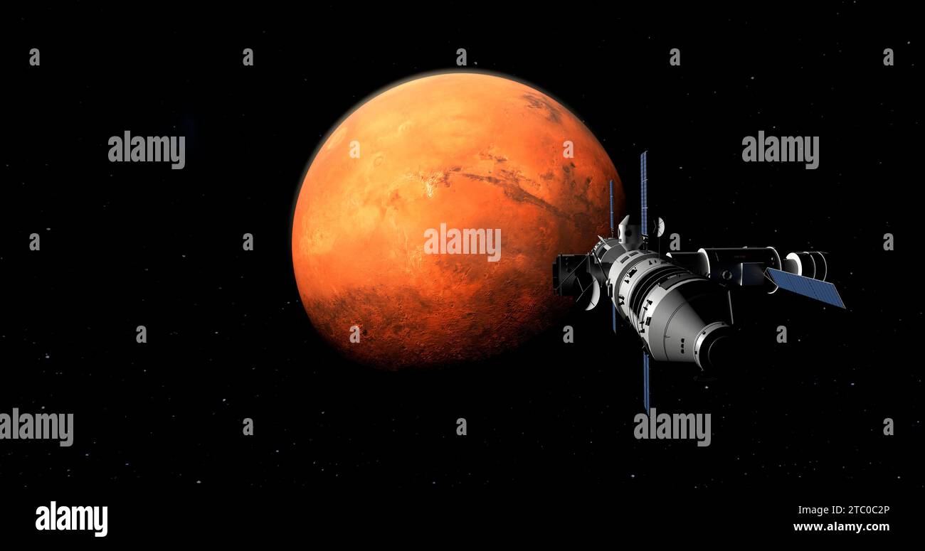 Spaceship arriving at planet Mars, space mission to the red planet. 3d ...