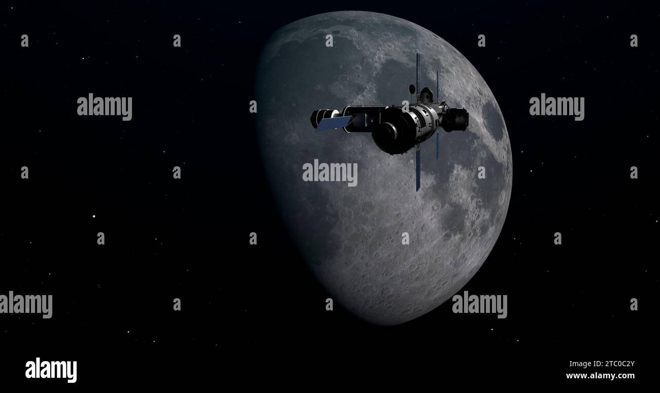 Spaceship arriving at Moon, space mission to the Earth satellite. 3d ...