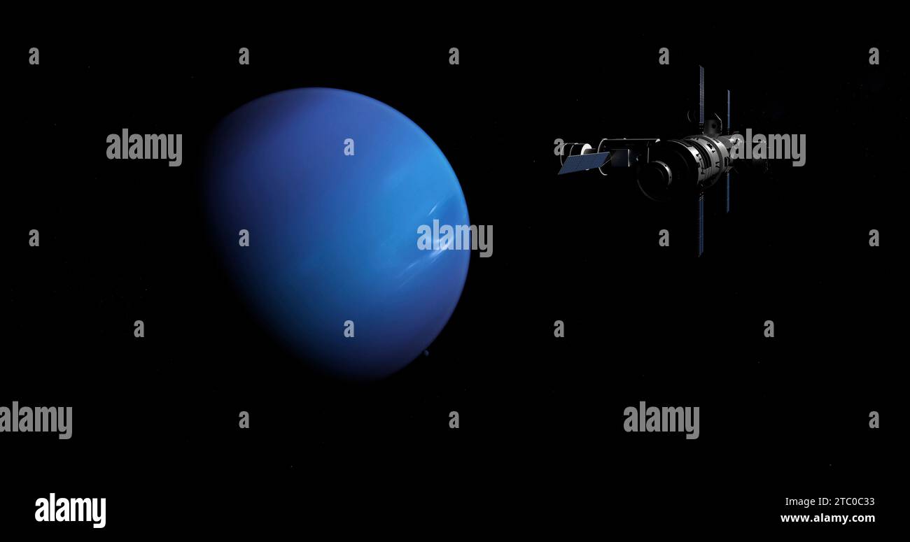 Spaceship arriving at Neptune, space mission to the unknown planet. 3d ...