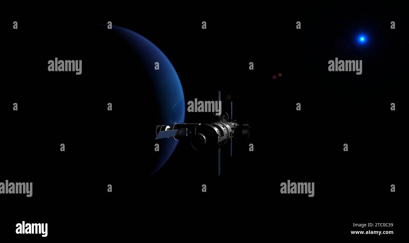 Spaceship arriving at Neptune, space mission to the unknown planet. 3d ...