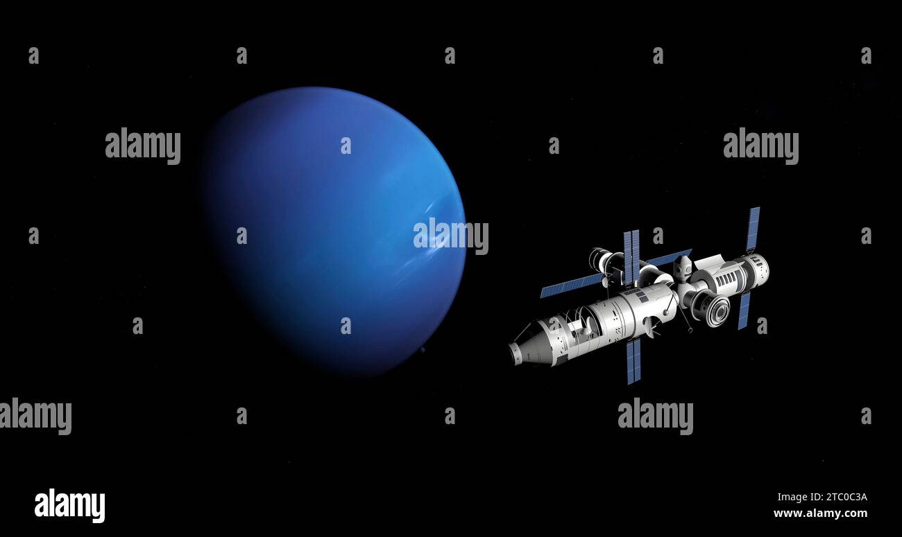 Spaceship arriving at Neptune, space mission to the unknown planet. 3d ...