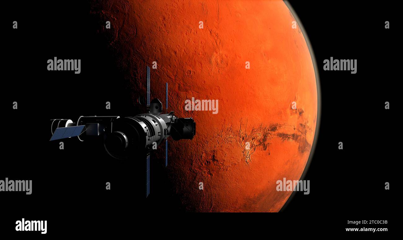 Spaceship arriving at planet Mars, space mission to the red planet. 3d ...
