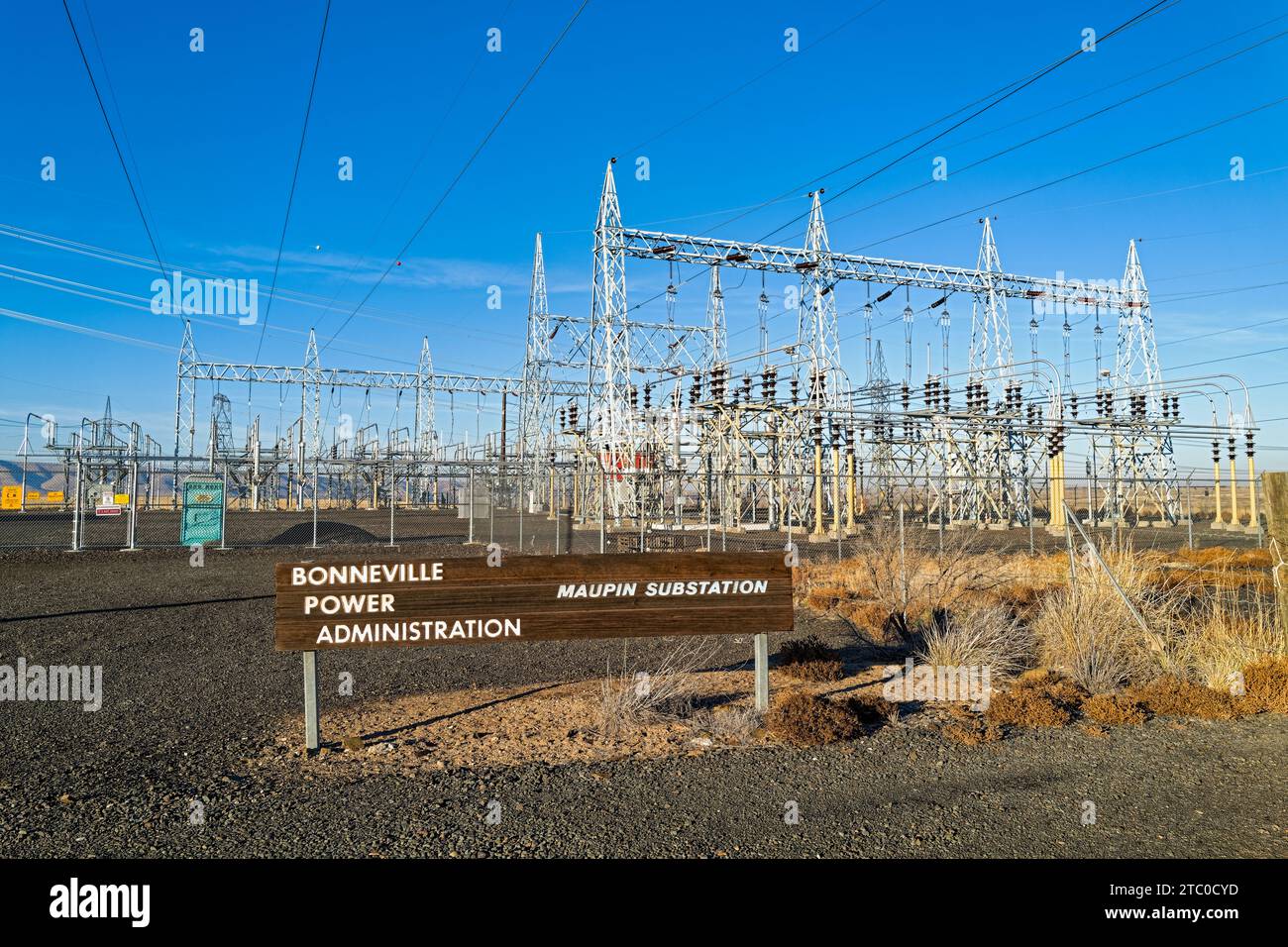 Signage at the entrance to the electrical substation in Maupin, Oregon ...