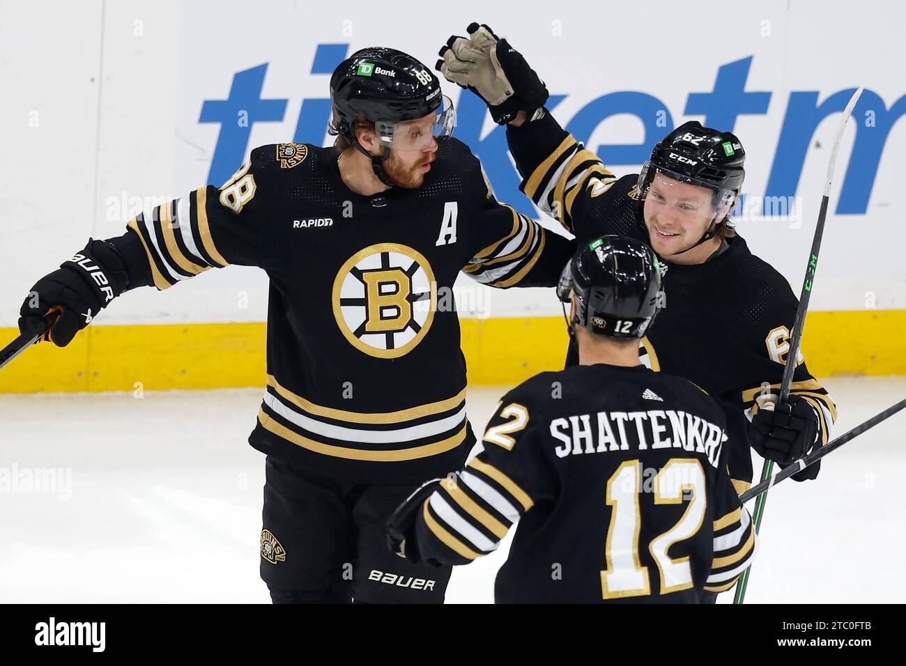 Boston Bruins' David Pastrnak (88) celebrates his goal with Oskar Steen ...