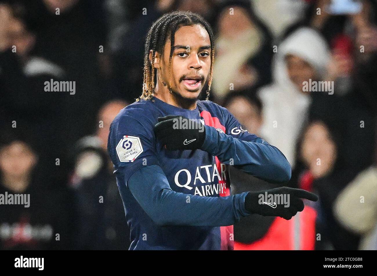 Paris, France. 09th Dec, 2023. Bradley BARCOLA of PSG celebrates his ...